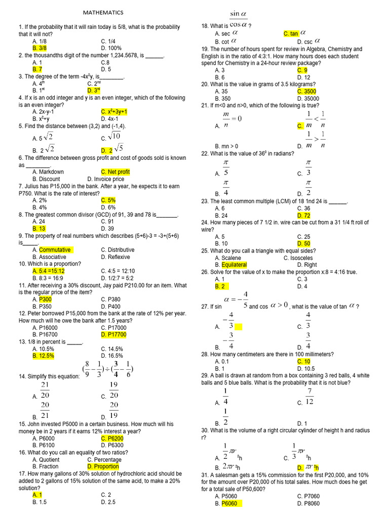 Math Probability and Problem Solving Quiz | PDF | Area | Elementary ...