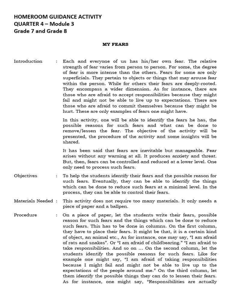 HOMEROOM GUIDANCE ACTIVITY Grade 7 and 8 | PDF | Communication ...