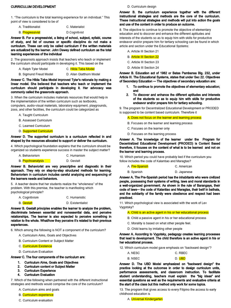 Cur Devt (The Curriculum) With Answer | PDF | Curriculum | Learning