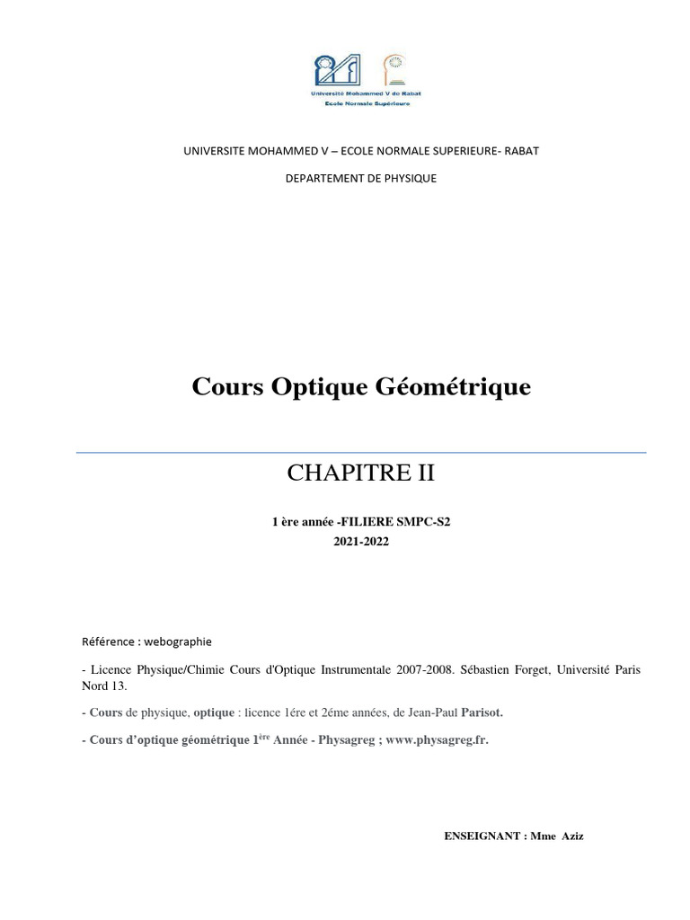 Cours d'Optique Géométrique S2 SMPC | PDF | Réfraction | Réflexion ...