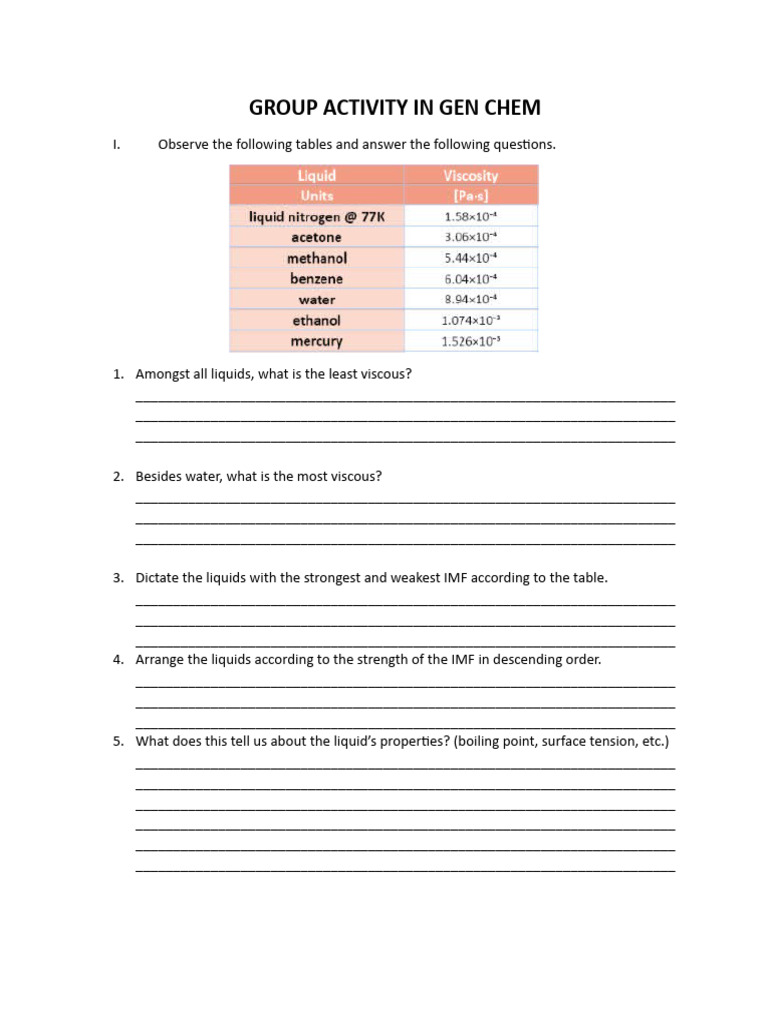 Group 1 Worksheet | PDF | Water | Liquids