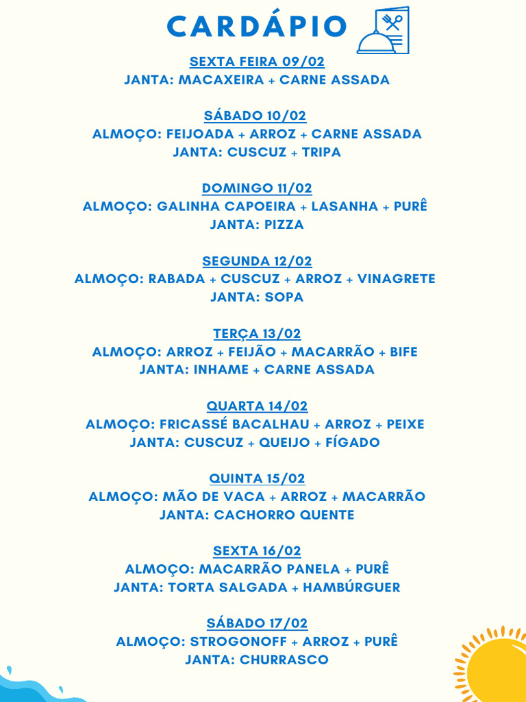 Menu Cardápio Quiosque de Praia Ilustrado Divertido Colorido | PDF