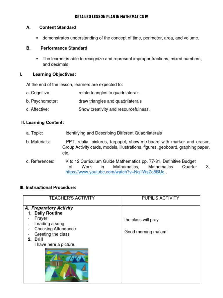DETAILED LESSON PLAN IN MATHEMATICS IV - Docx (Identifying and ...