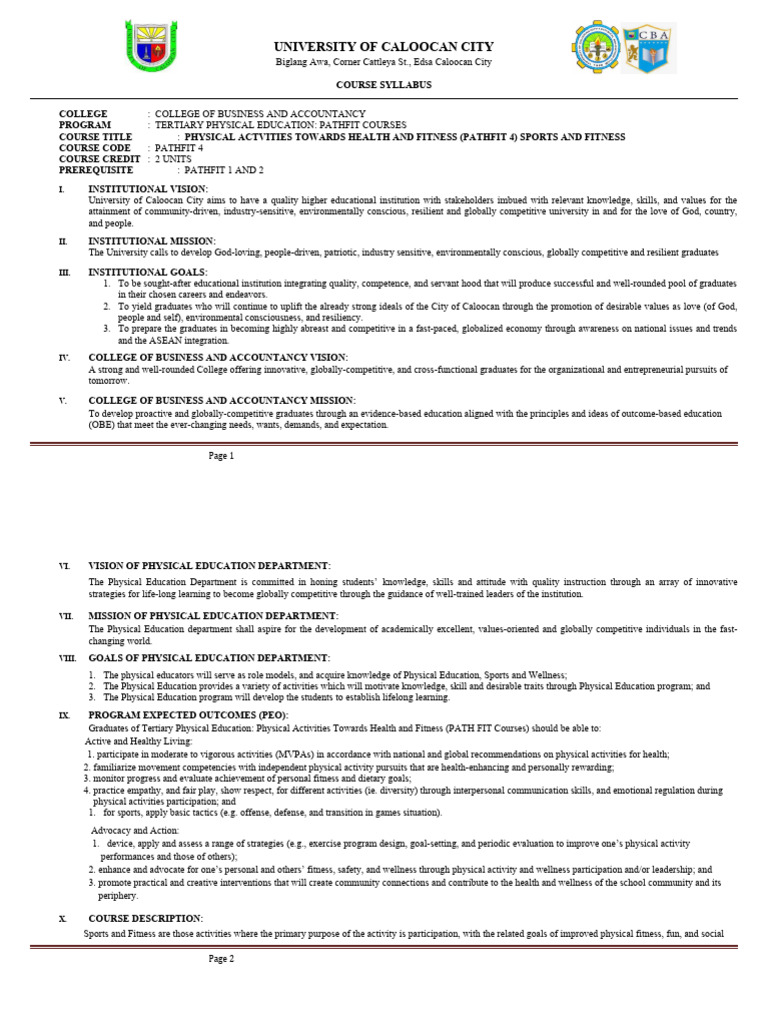 PATHFIT 4 Course Syllabus Overview | PDF | Physical Education ...