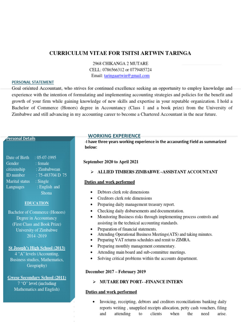 Tsitsi Taringa's Accounting CV | PDF | Accounting | Zimbabwe