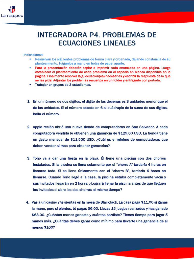 8vo. Integradora P4. Problemas Con Ecuaciones Lineales | PDF