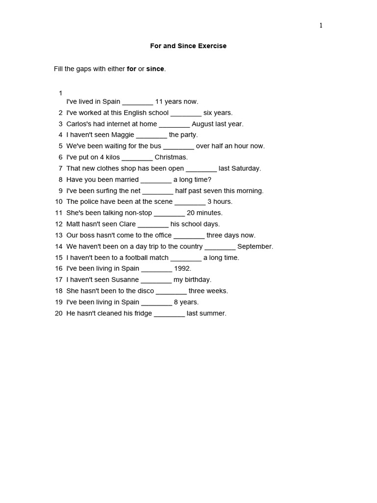 For vs. Since Grammar Exercise | PDF