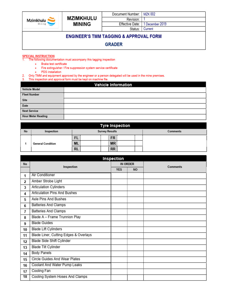 MZK002 - GRADER Tagging Inspection | PDF