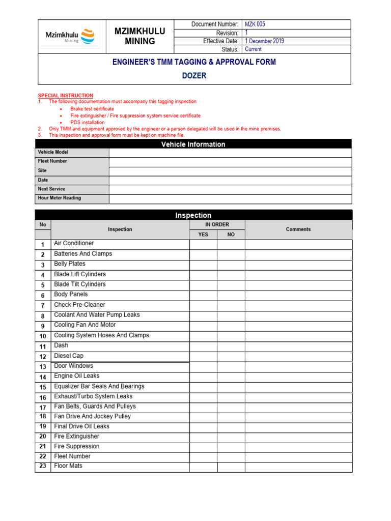 Dozer TMM Tagging & Approval Form | PDF