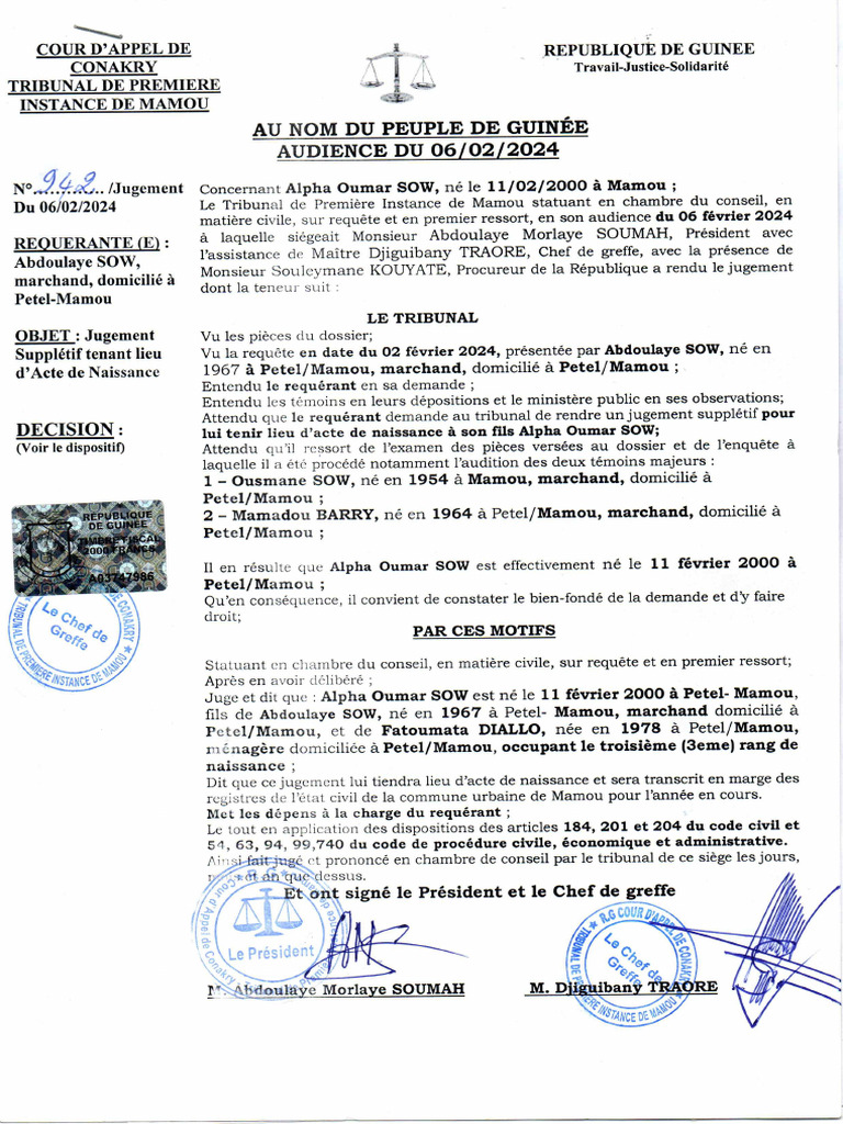 Jugement Suppletif | PDF