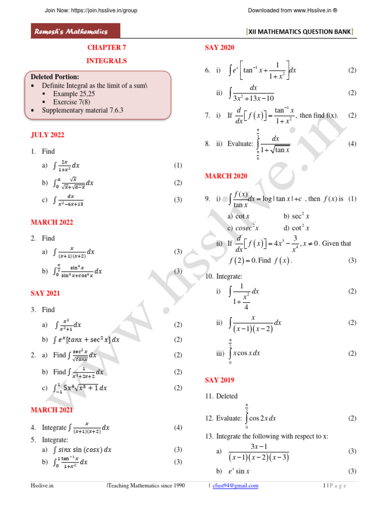 Hsslive-Xii-Maths-7. INTEGRALS | PDF