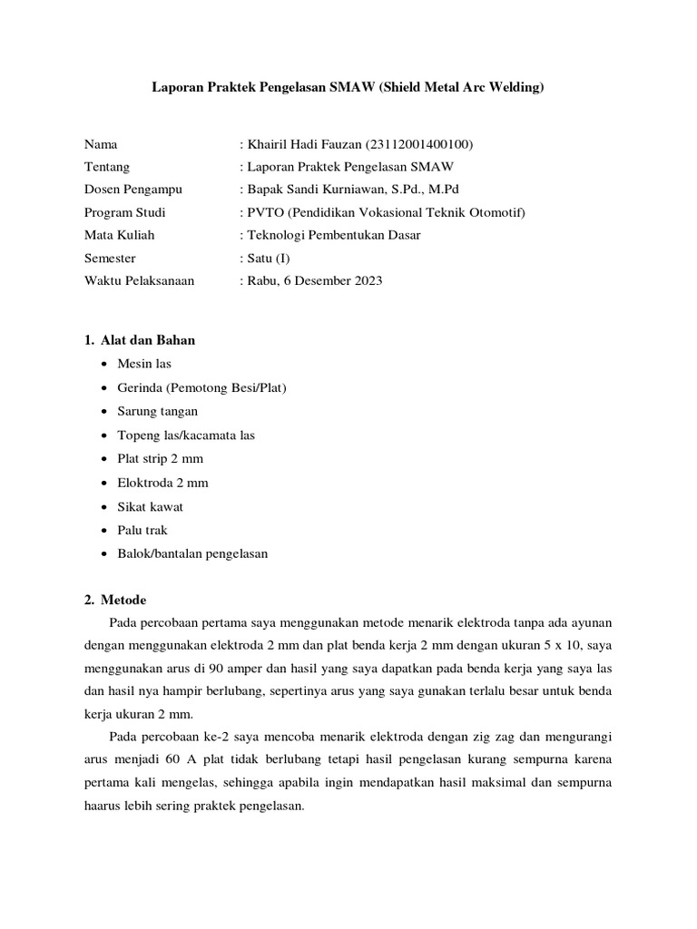 Laporan Praktek Pengelasan SMAW | PDF | Sains & Matematika | Komputer