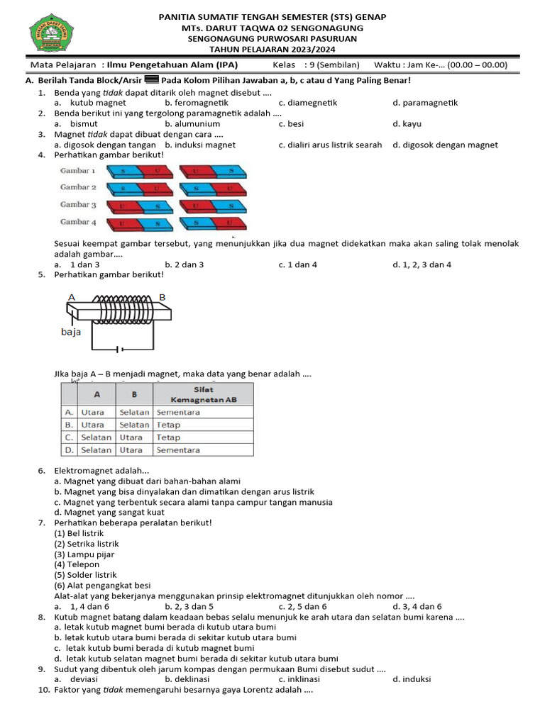 Format Soal STS Genap 2023-2024 | PDF