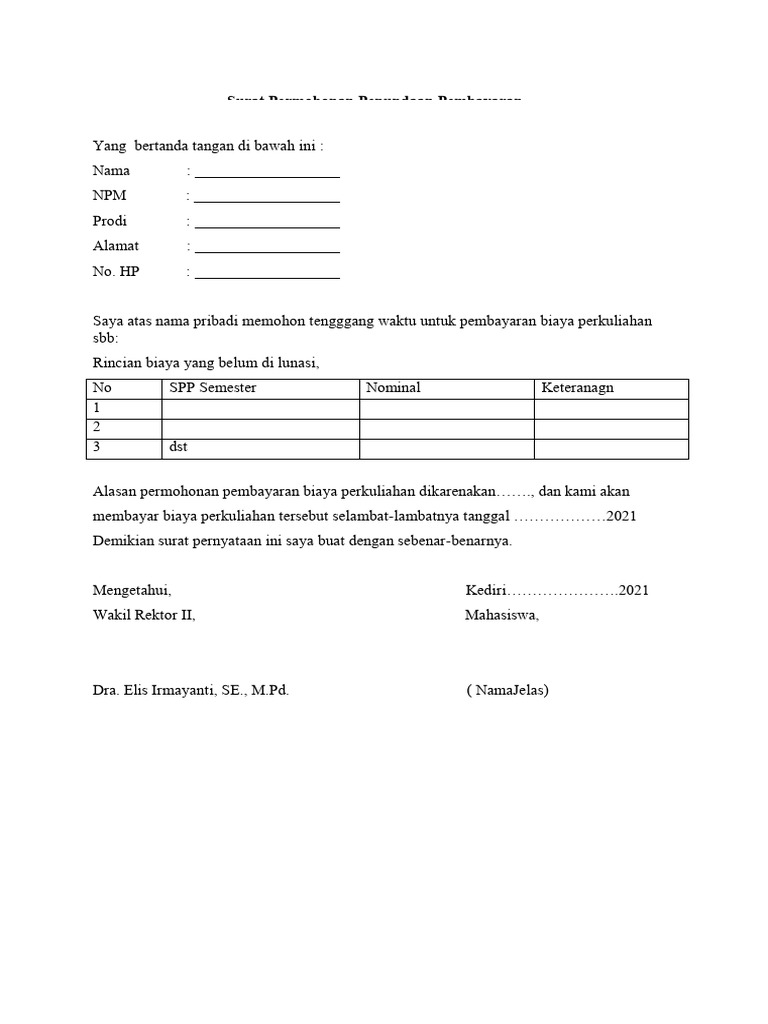 Format Surat Permohonan Penundaan Pembayaran SPP | PDF