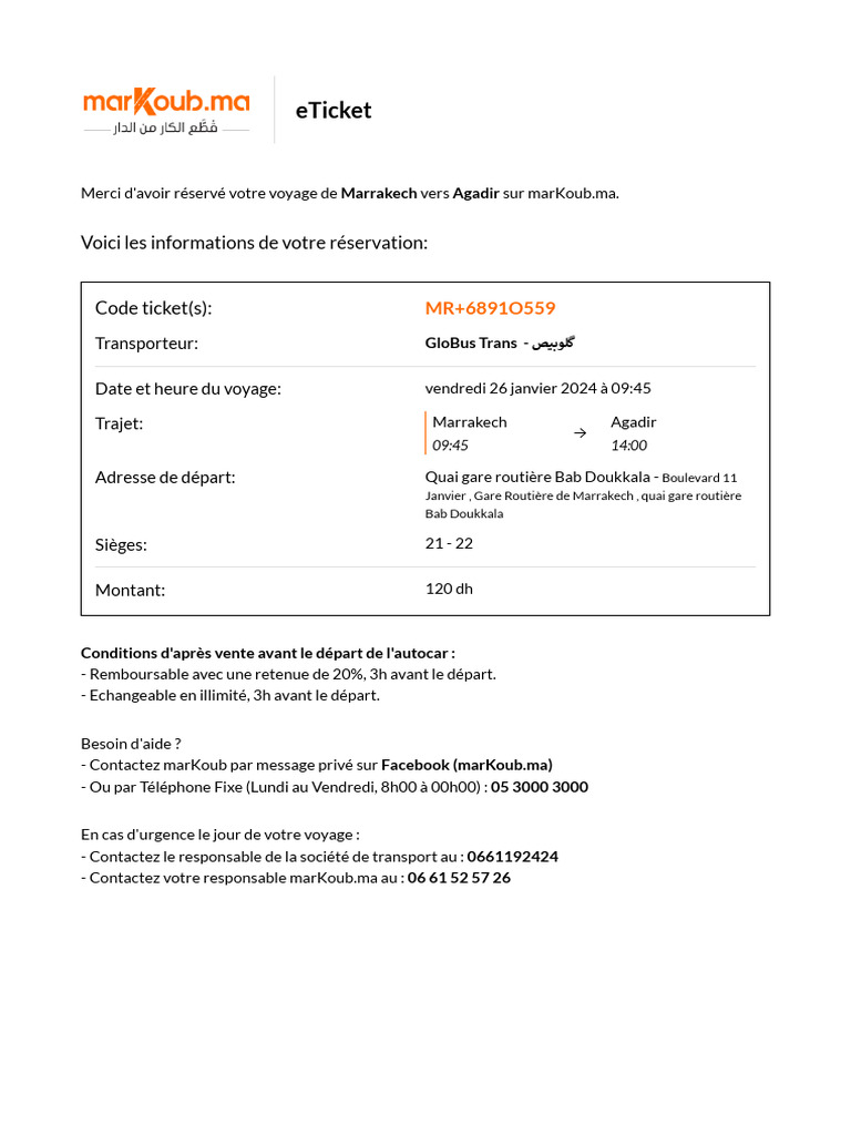 Ticket Markoub Marrakech - Agadir | PDF