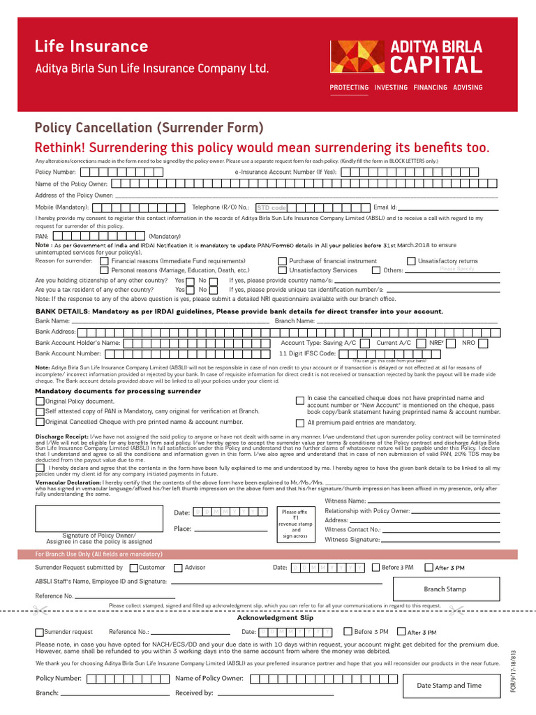 Birla Policy Surrender Form - January 2024 | PDF | Identity Document | Life Insurance