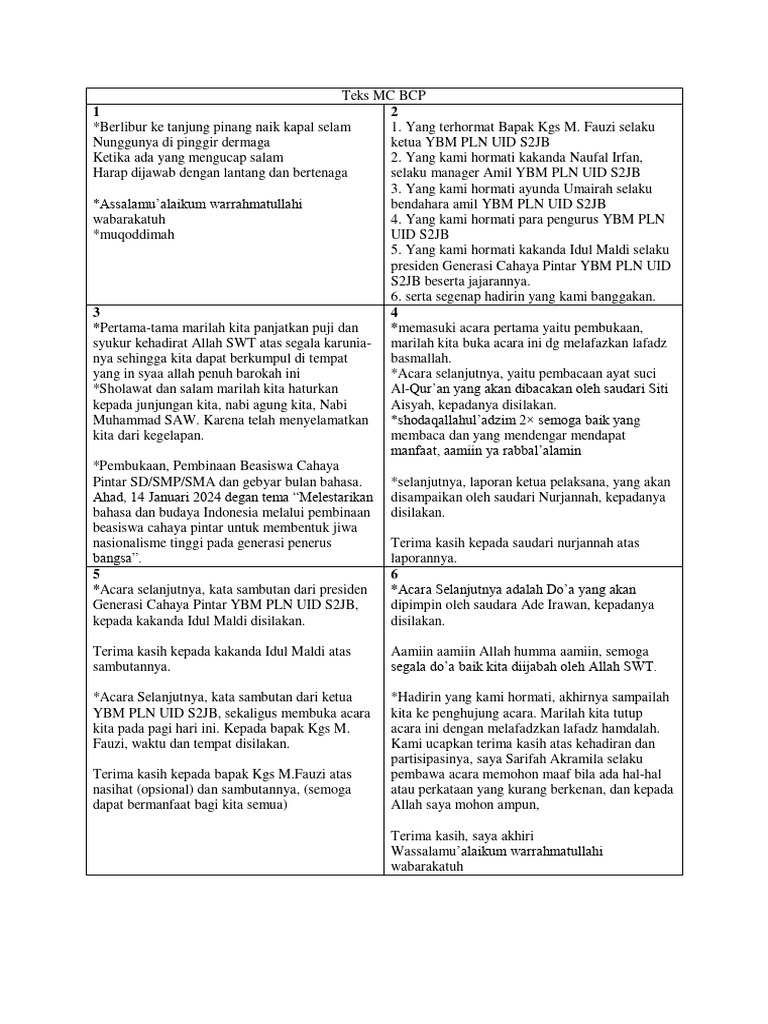 Teks MC BCP N Gebyar Bulan Bahasa | PDF