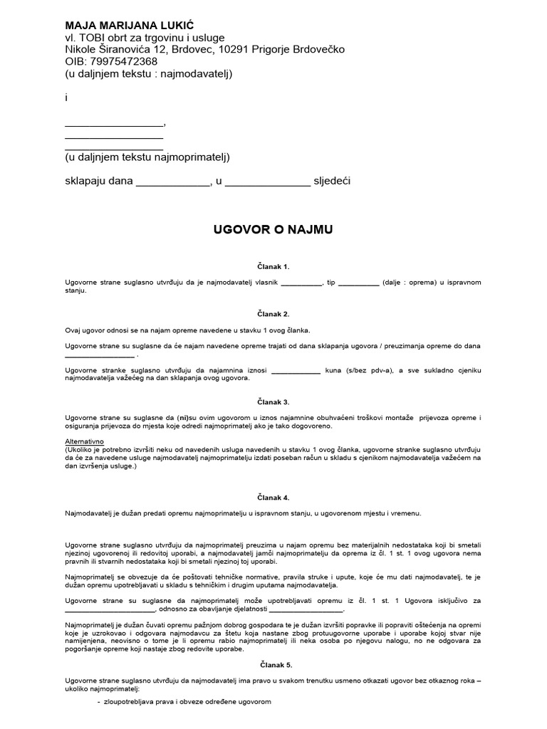 Ugovor o Najmu Opreme | PDF