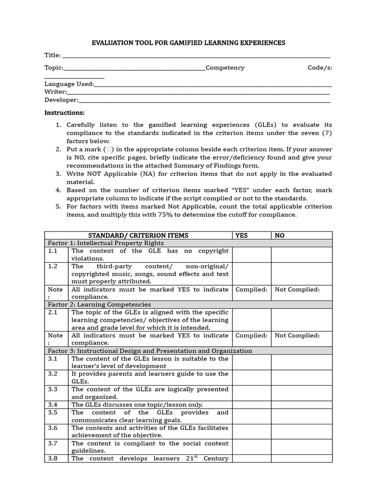 Evaluation Tool for Gamified Learning Experiences | PDF | Learning | Goal
