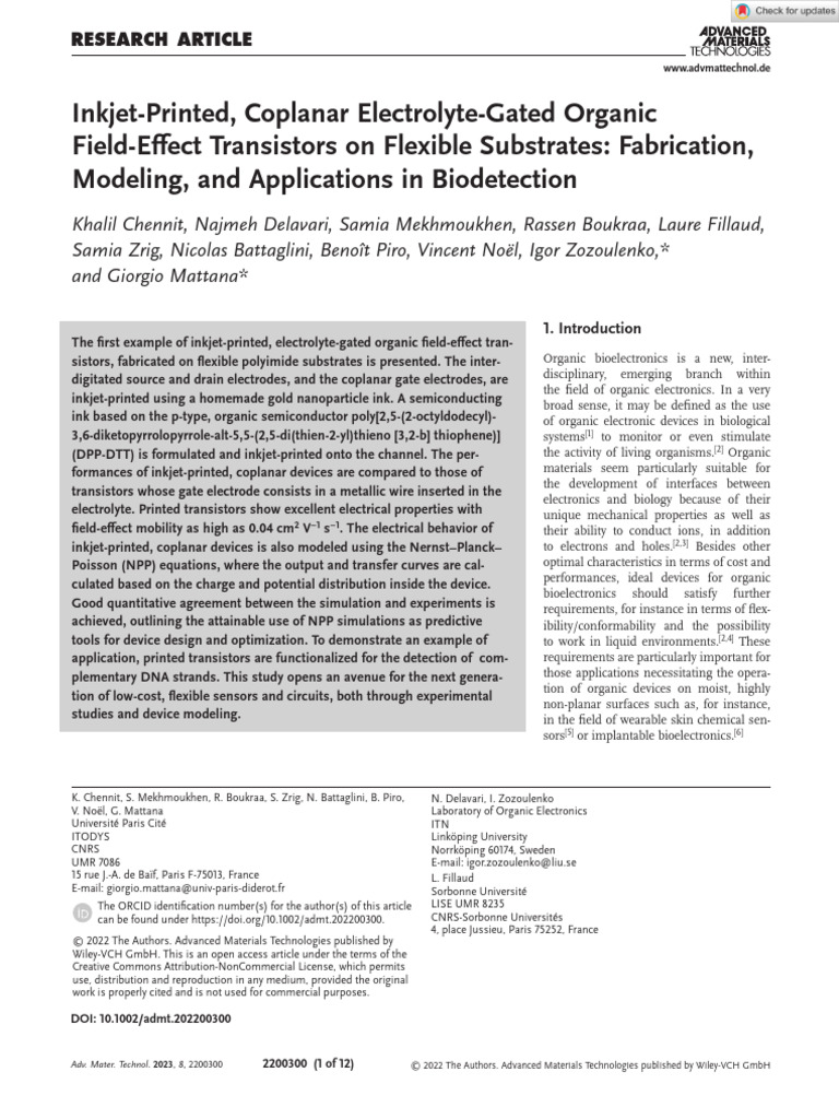 Inkjet-Printed, Coplanar Electrolyte-Gated Organic FET | PDF | Field ...