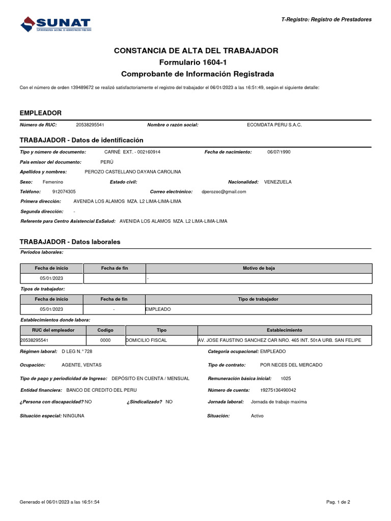 Alta T-Registro de Trabajador | PDF | Pensión | Economias