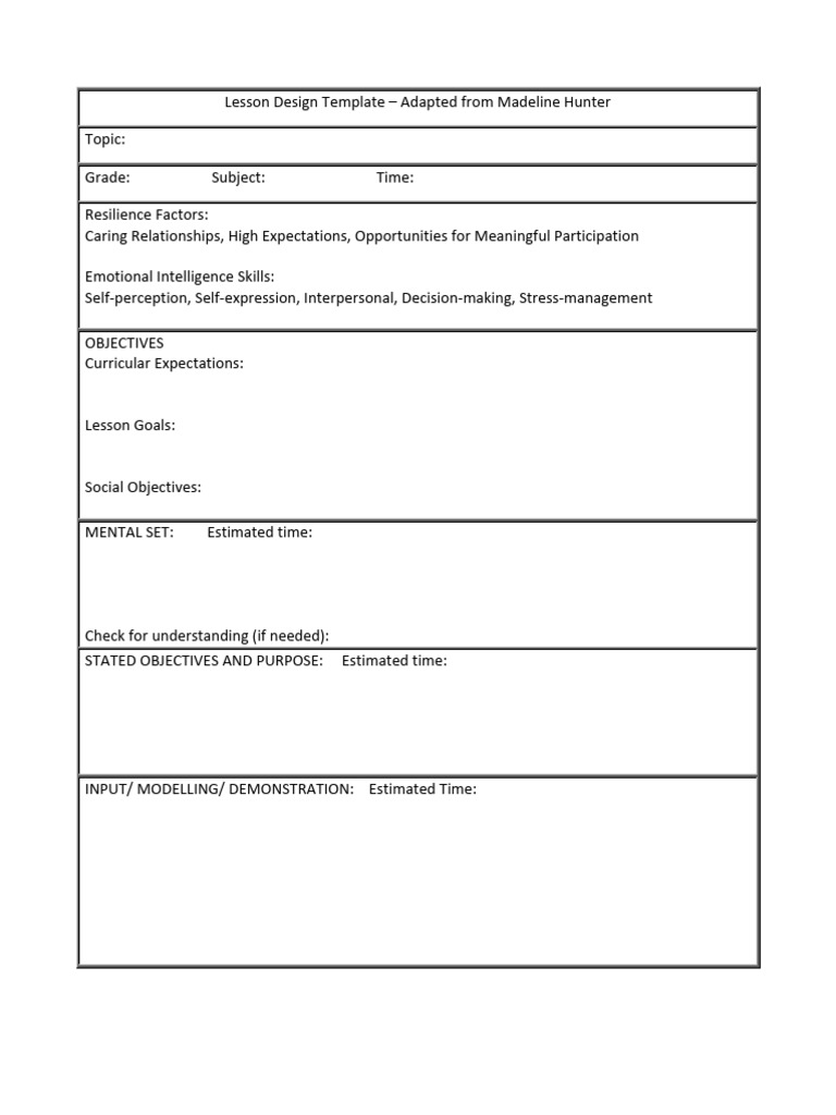 madeline hunter lesson plan template | PDF | Teachers | Curriculum