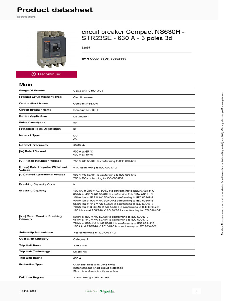 Compact NS630H Circuit Breaker Specs | PDF | Alternating Current | Electrical Network