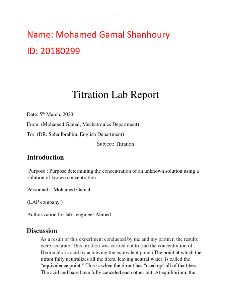 Titration Lab Report | PDF | Titration | Chemistry