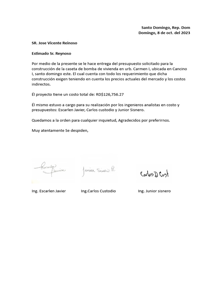 Carta de Costo | PDF | Derecho | Hogar, jardinería y bricolaje