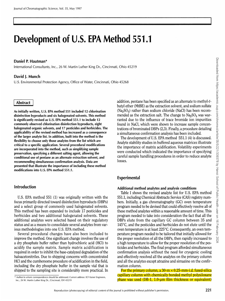 Development of U.S. EPA Method 551.1: Daniel P. Hautman | PDF