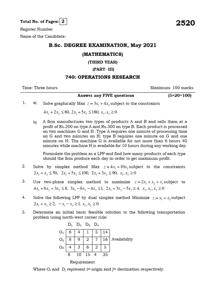 BSC 3 Year Mathematics Operations Research 2520 May 2021 | PDF | Algorithms | Applied Mathematics