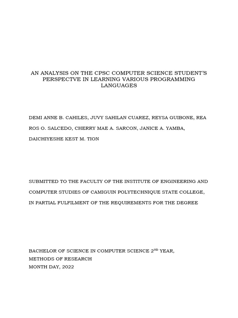 An Analysis On The CPSC Computer Science Students Perspective in Learning Various Programming ...