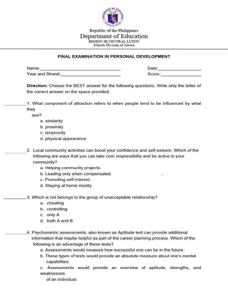 Final Examination in Personal Development | PDF | Family | Adolescence
