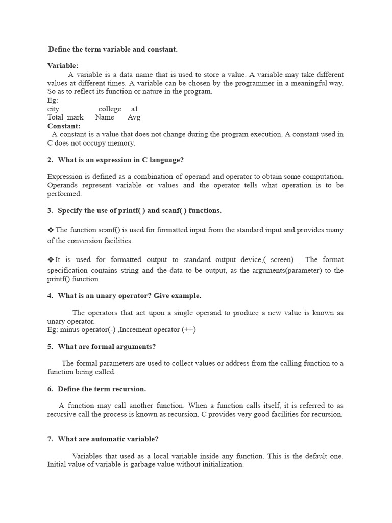 C Two Marks | PDF | Pointer (Computer Programming) | Parameter ...