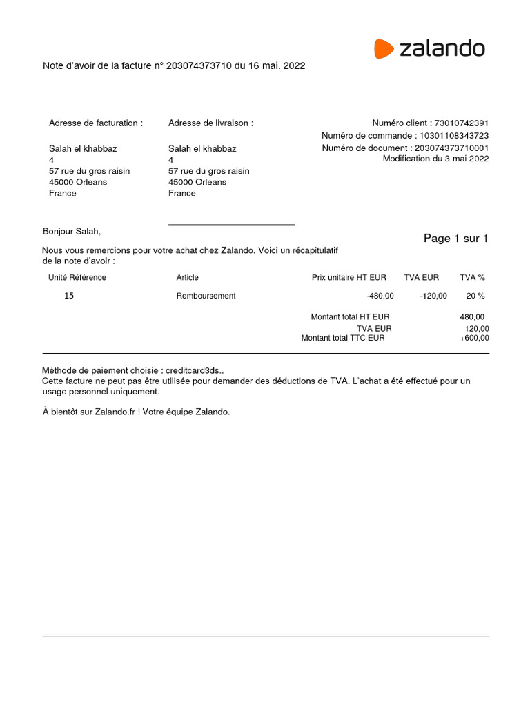 Note d'avoir Zalando - Facture n° 203074373710 | PDF