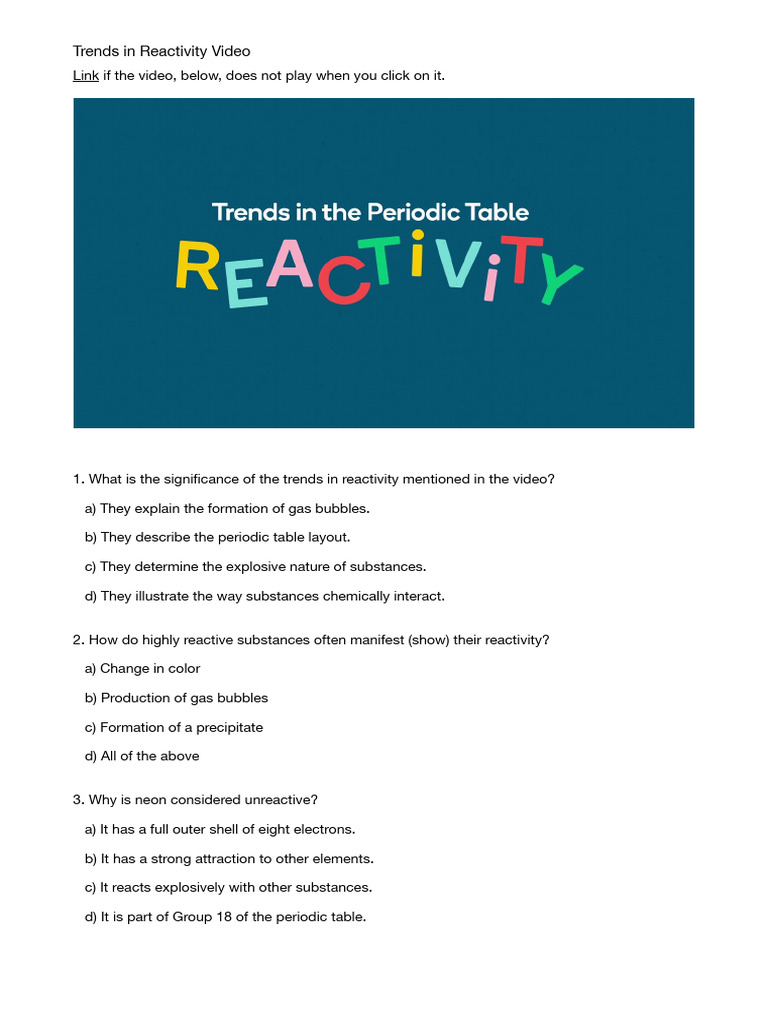 Year 10 Chemistry Trends in Reactivity Video Questions and Self ... Year 10 Chemistry Trends in Reactivity Video Questions and Self ...
