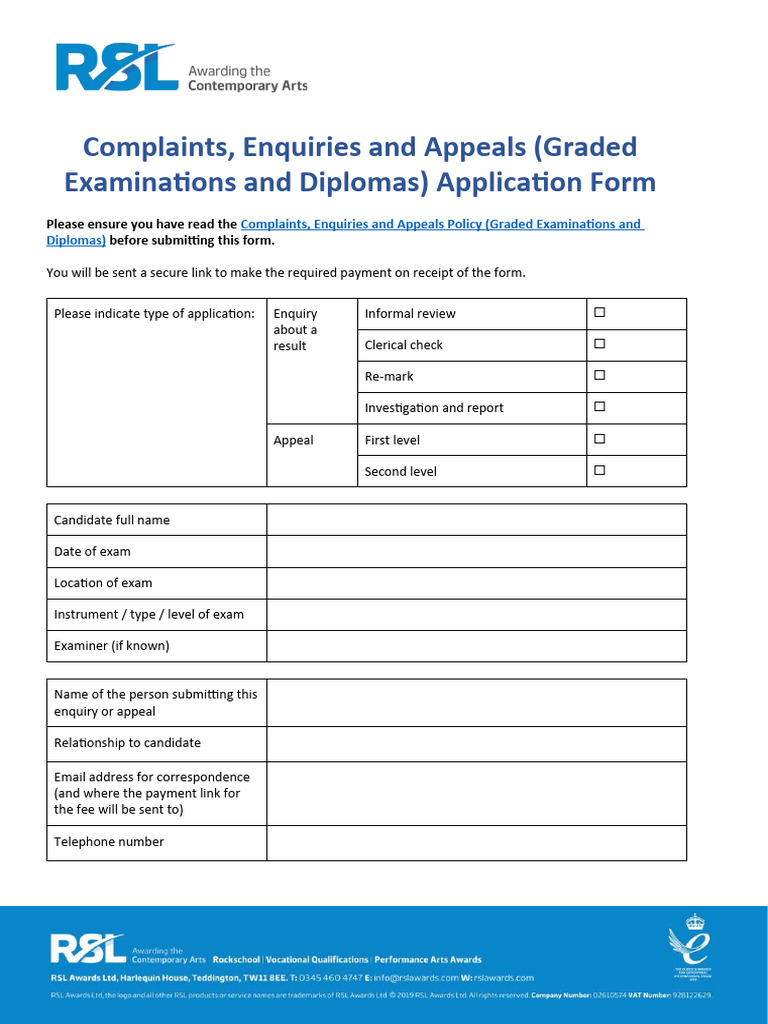 RSL Awards GE Dips Complaints Enquiries Appeals Application Form | PDF
