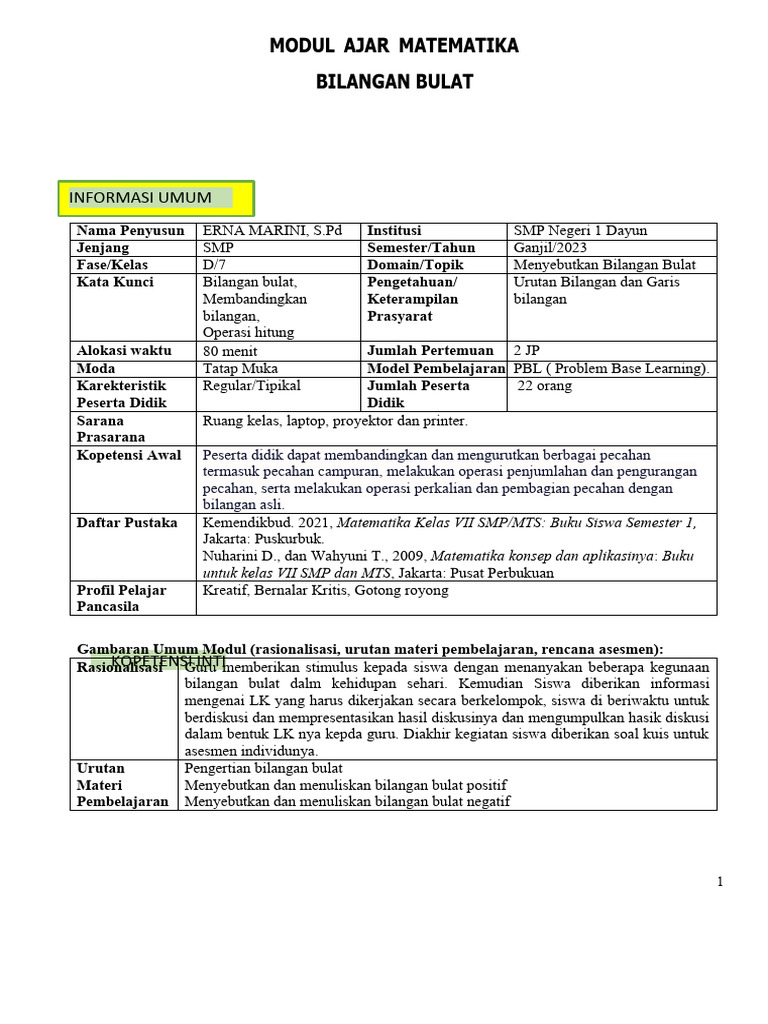 Modul Ajar MTK - Kls 7 - Erna | PDF