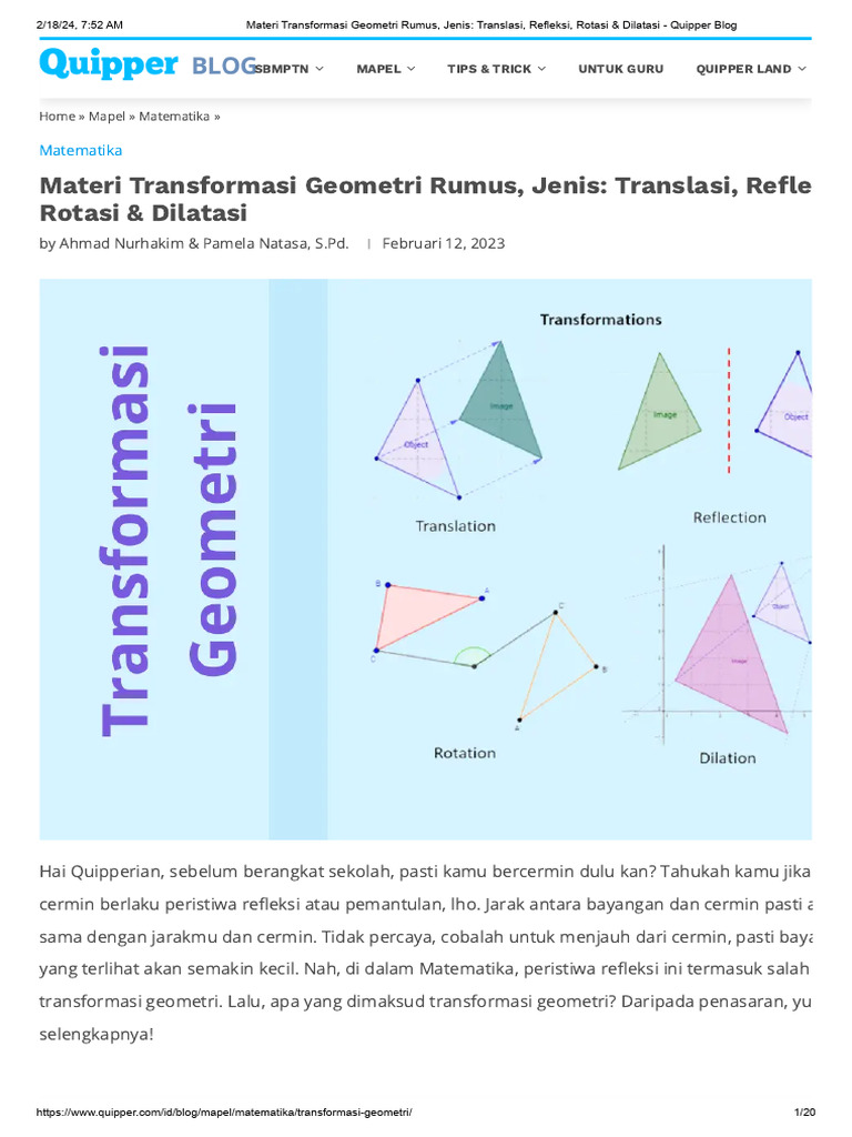Materi Transformasi Geometri Rumus, Jenis - Translasi, Refleksi, Rotasi & Dilatasi | PDF ...