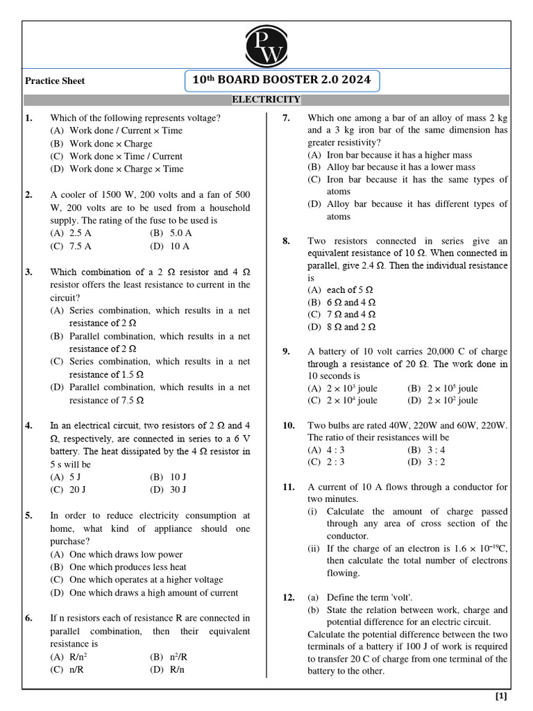 Electricity - Practice Sheet - 10th Board Booster 2.0 2024 | PDF ...