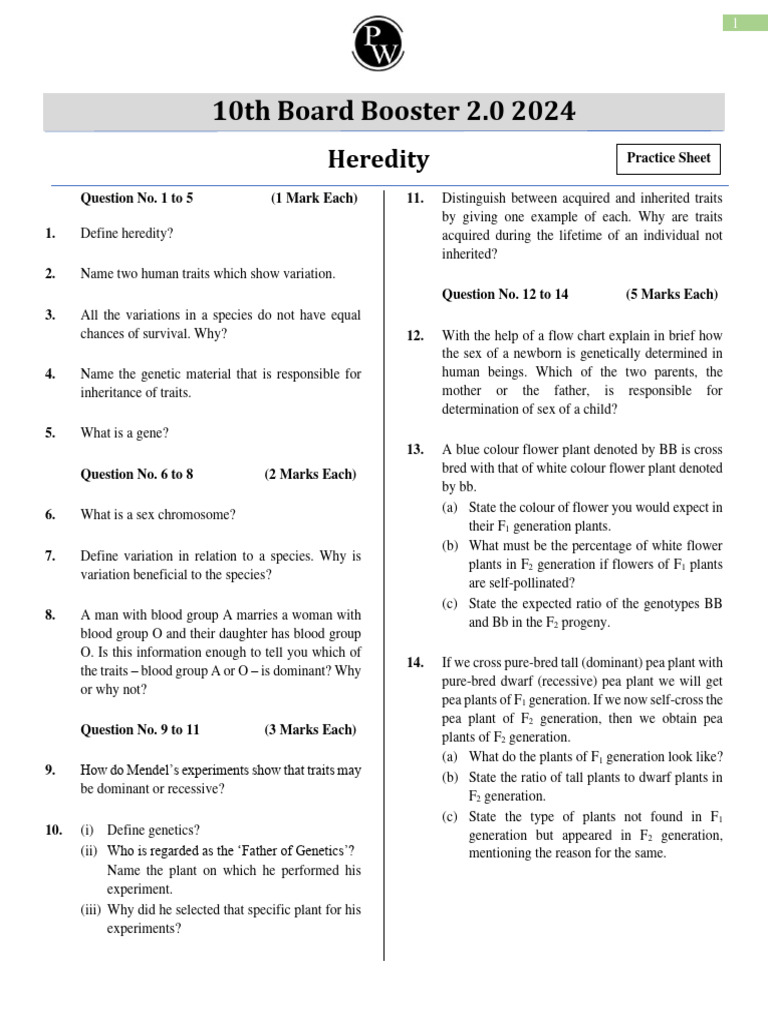 Heredity and Genetics Practice Questions | PDF | Heredity | Dominance ...