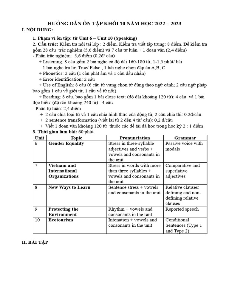 HƯỚNG DẪN ÔN TẬP KHỐI 10 HK2 NĂM HỌC 2022-2023-HS | PDF