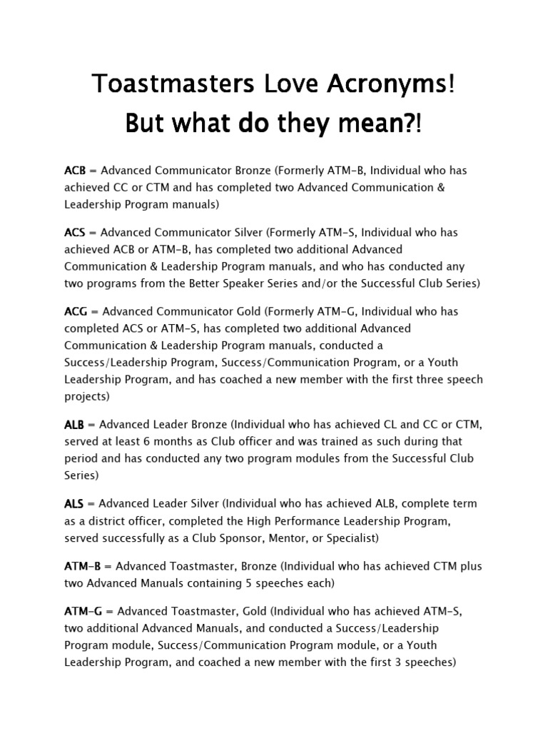 Toastmasters Love Acronyms! Toastmasters Love Acronyms! | PDF