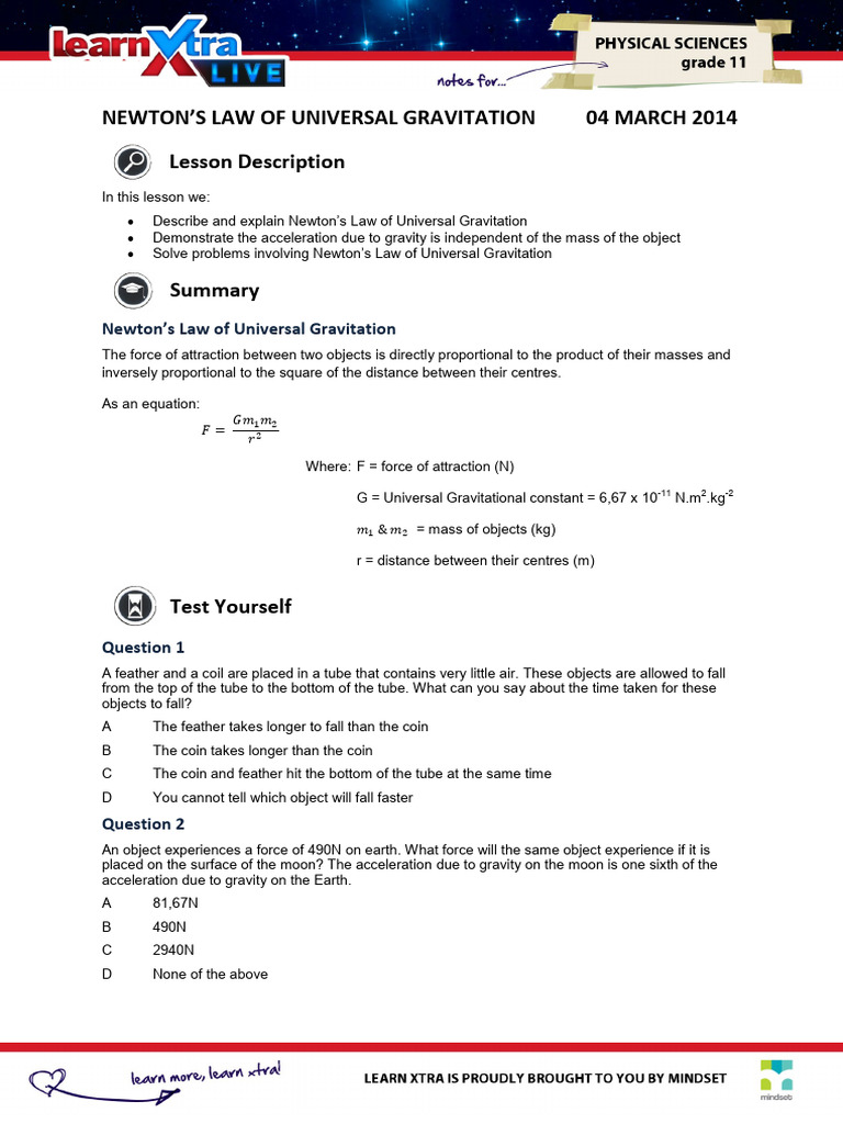 LXL - Gr11PhysicalSciences - 05 - Newton's Law of Universal Gravitation ...