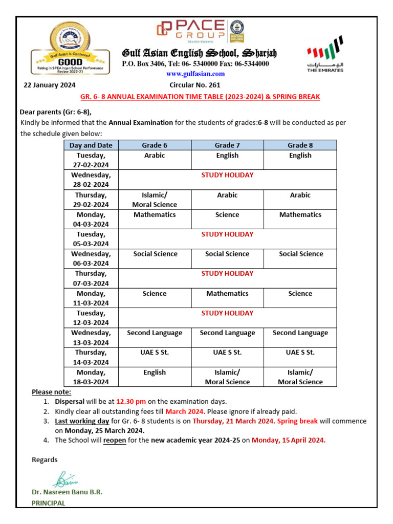 Gr. 6 - 8 Annual Examination Time Table (2023-2024) - Circular No. 261 ...