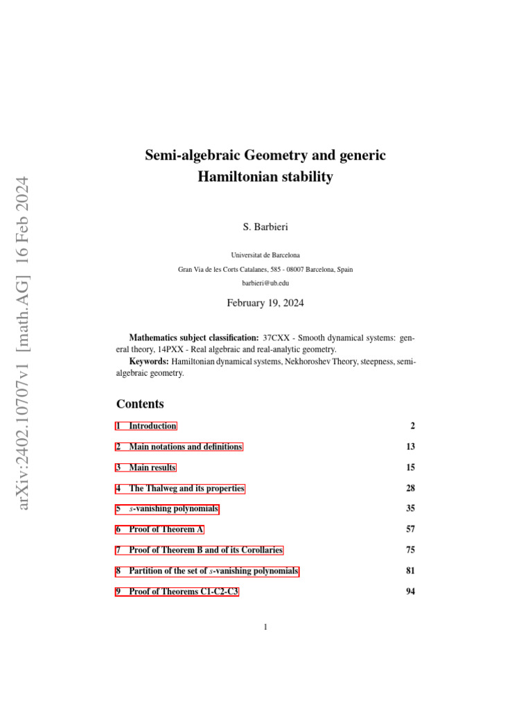 Semi-Algebraic Geometry and Generic Hamiltonian Stability: S. Barbieri | PDF | Equations ...