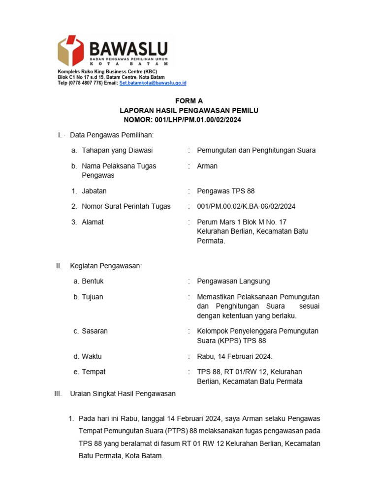 Contoh Form A (LHP) PTPS | PDF