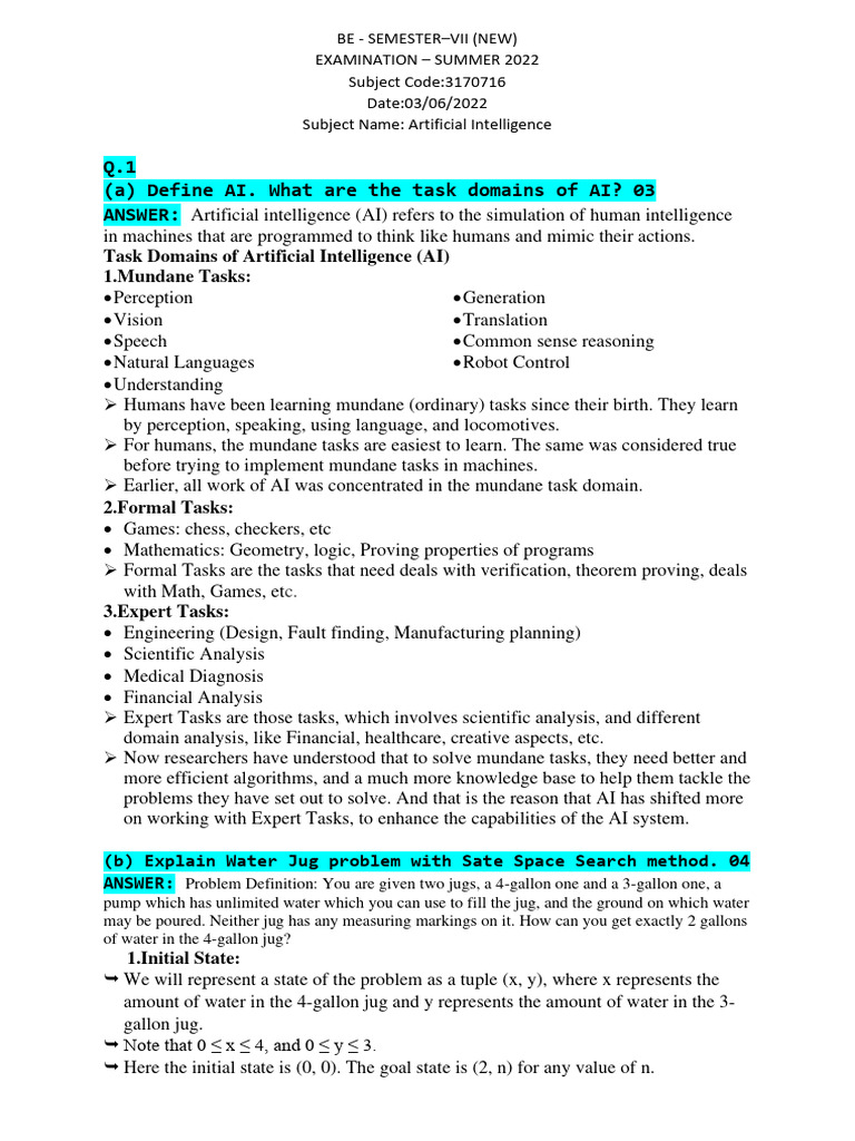 AI Examination Questions and Answers | PDF | Artificial Intelligence ...