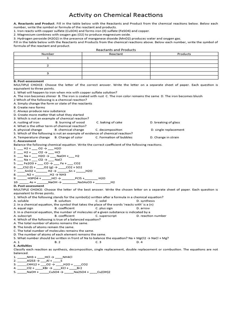 Activity On Chemical Reactions | PDF | Chemical Reactions | Iron