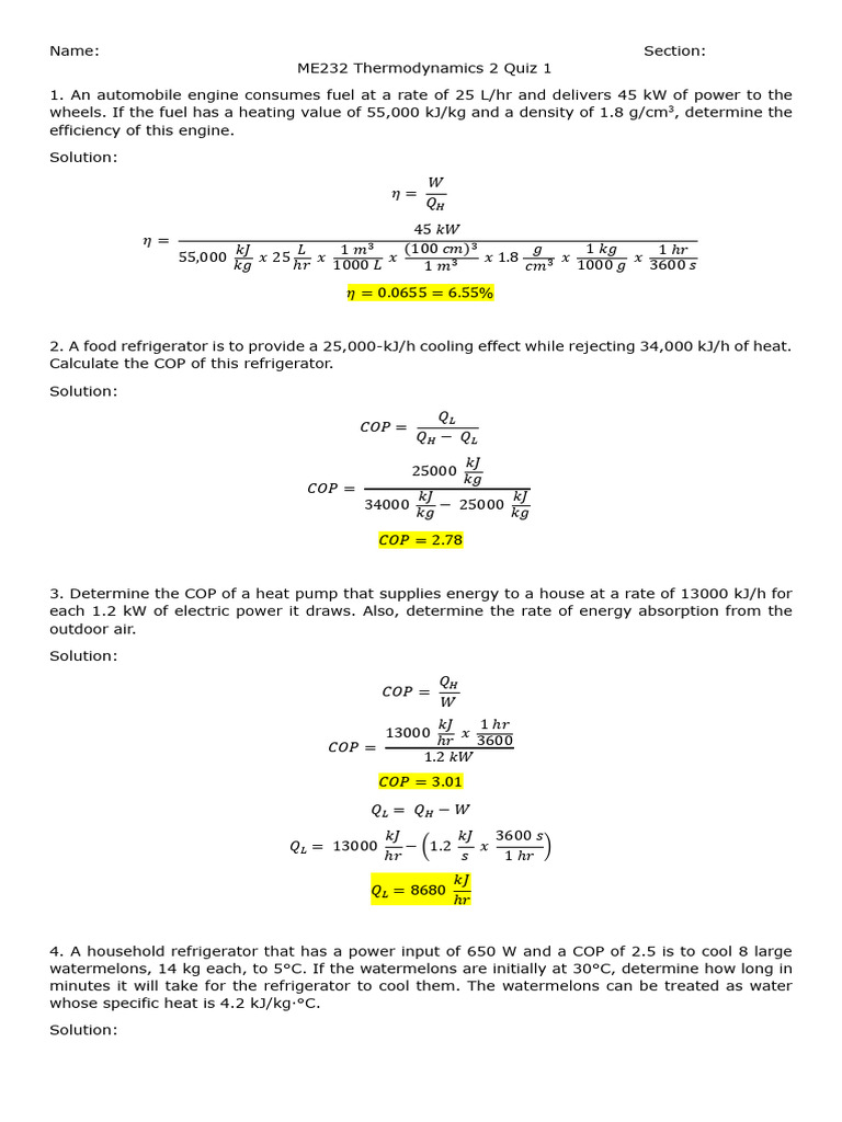 ME232 Thermodynamics 2 Quiz 1 - P1&P3 Complete Solution | PDF ...